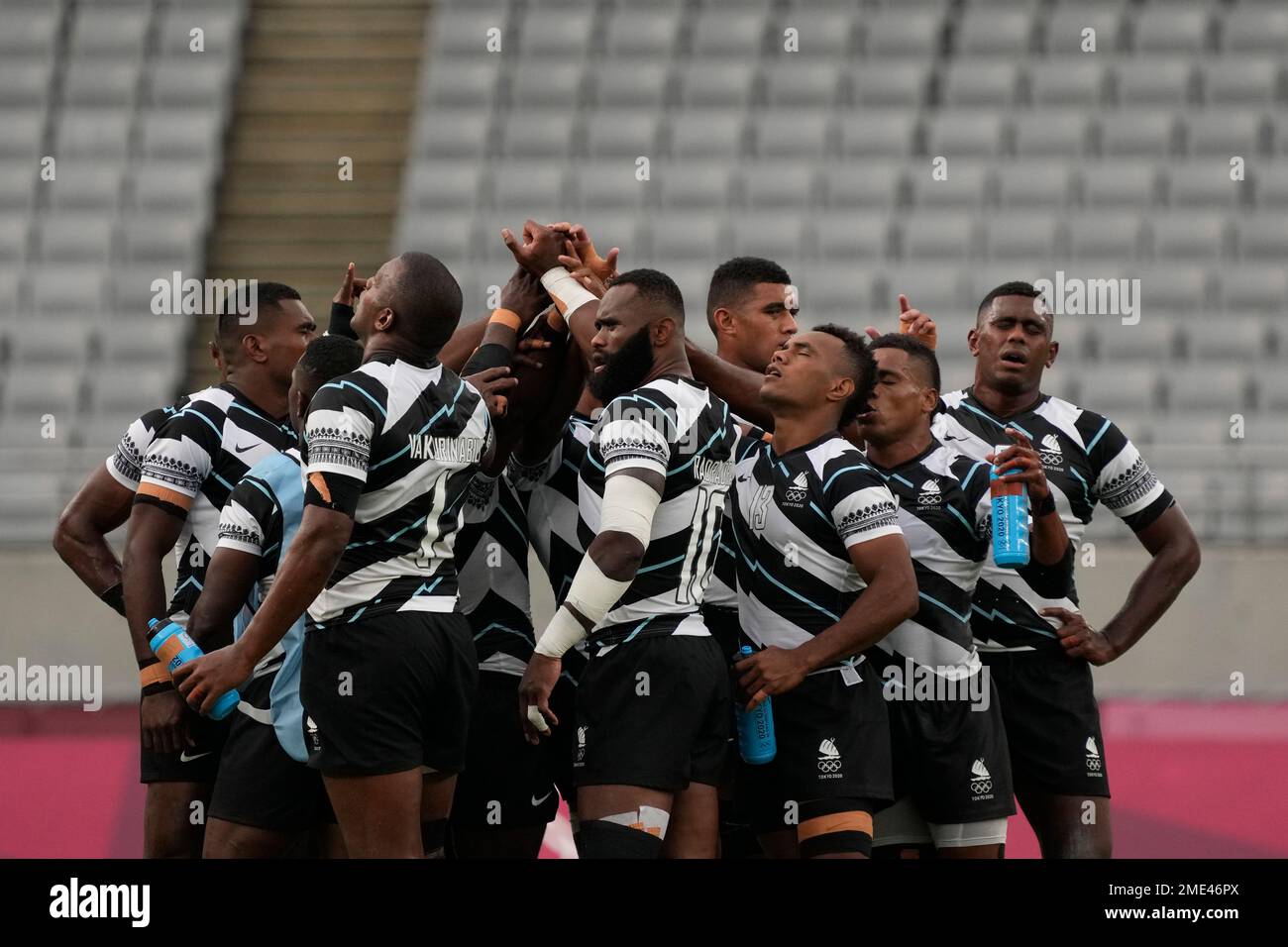 Fiji's team huddles up at halftime in their men's rugby sevens match ...