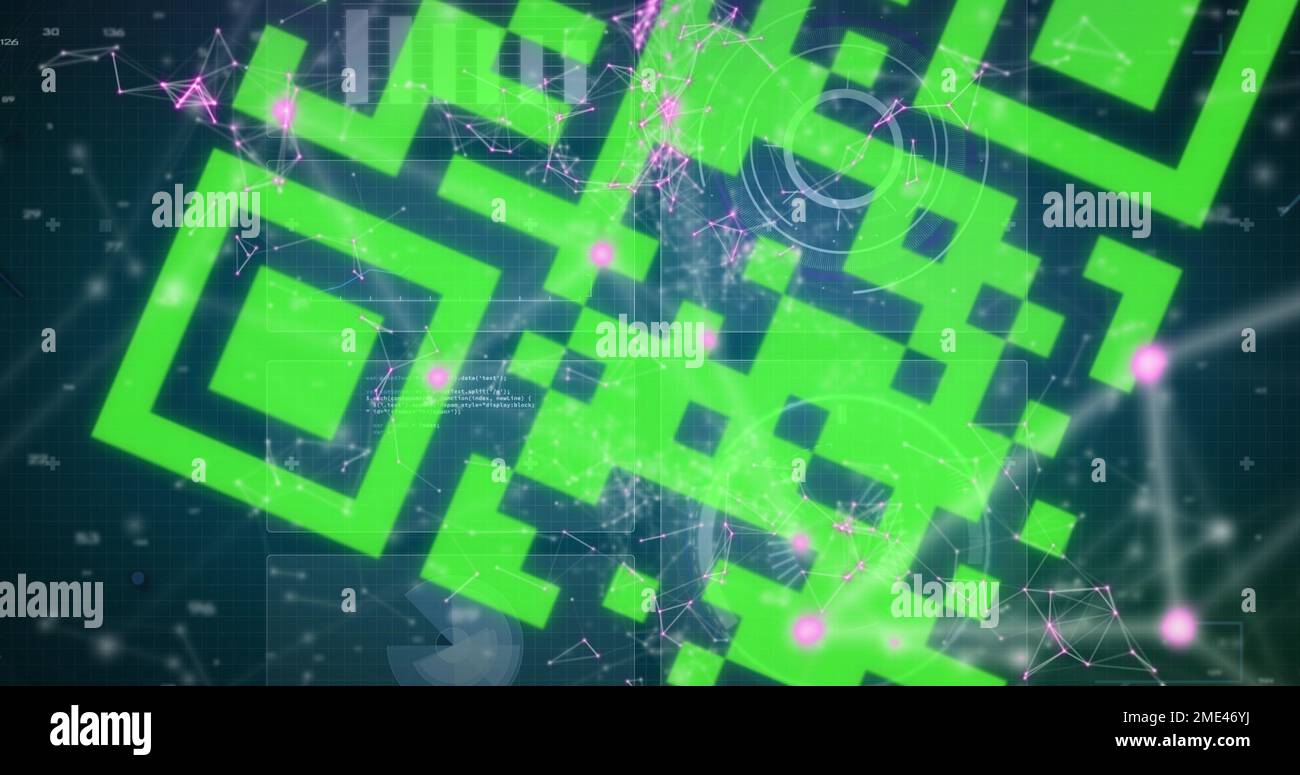 Composition of qr code over data processing and network of connections on black background Stock ...