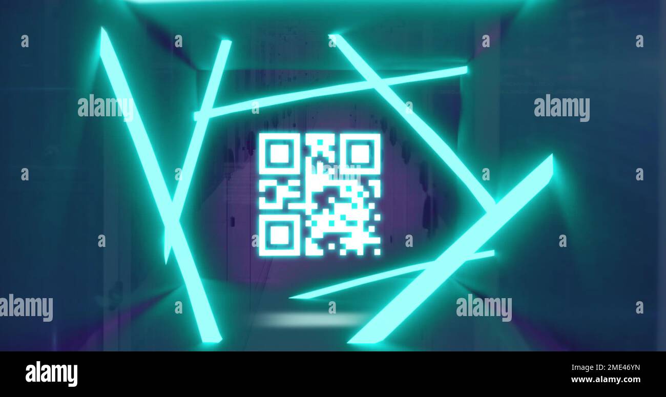 Image of qr code and neon shapes over computer servers Stock Photo - Alamy
