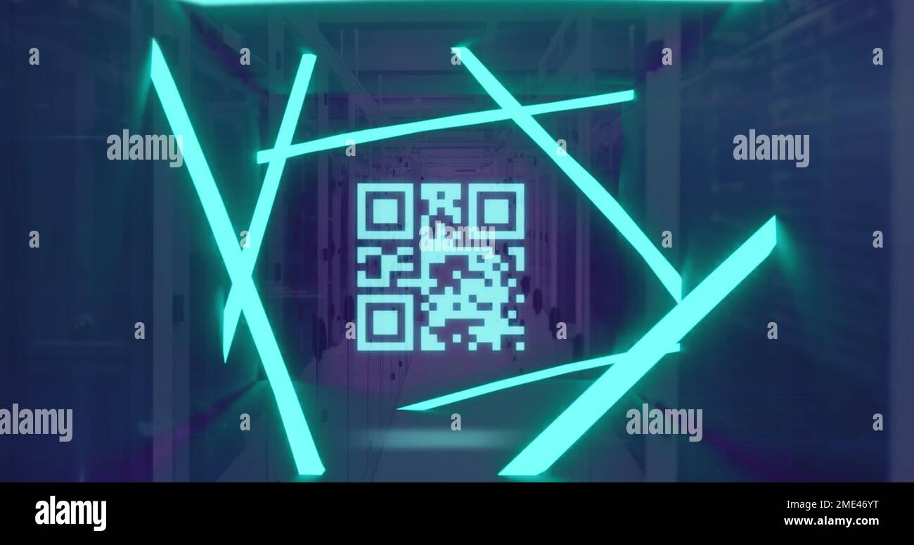 Image of qr code and neon shapes over computer servers Stock Photo - Alamy