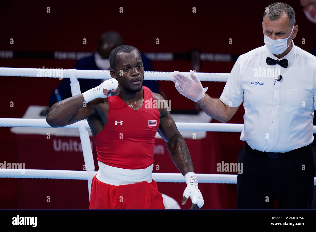 Troy Isley, from the United States, after his men's middleweight 75-kg ...