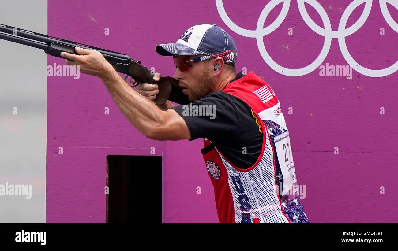 Vincent Hancock, of the United States, competes in the men's skeet at ...