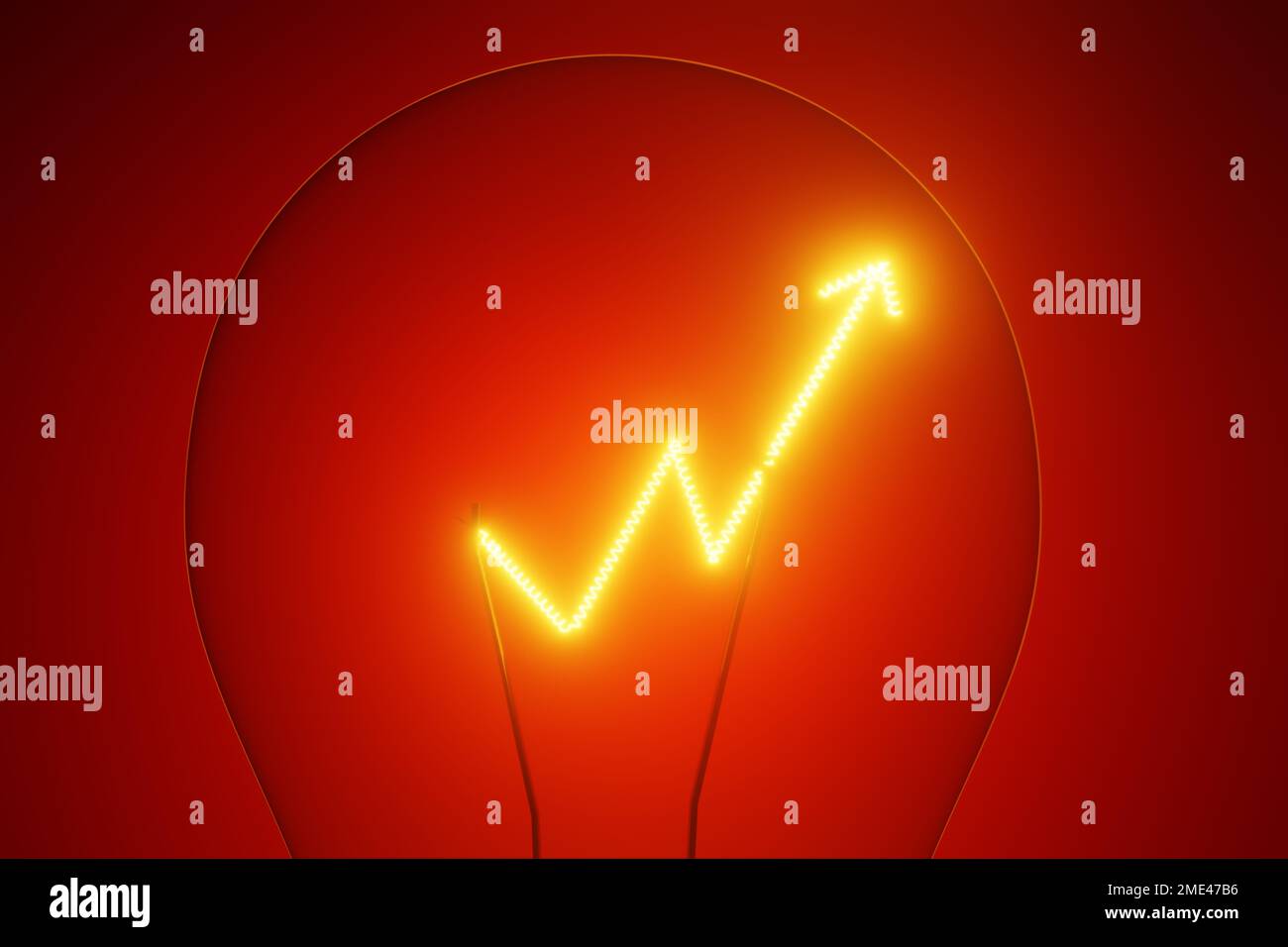 Glowing light bulb tungsten forms the shape of an up arrow ...
