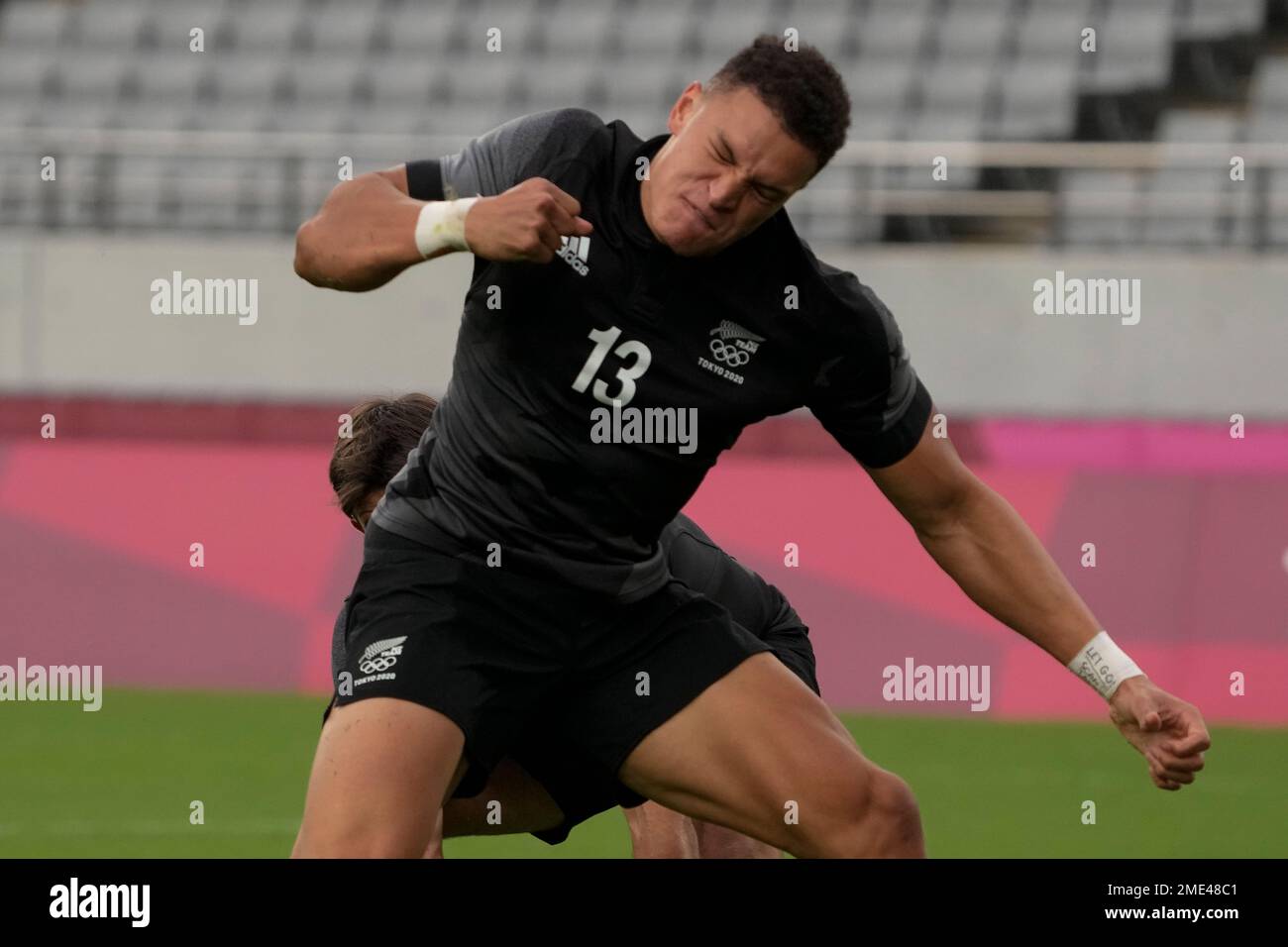 New Zealand's William Warbrick celebrates scoring a try in New Zealand ...