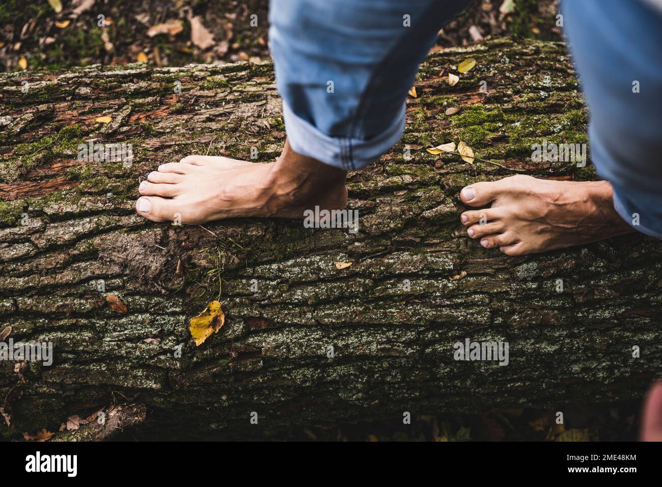 Man walking on wooden log Stock Photo - Alamy