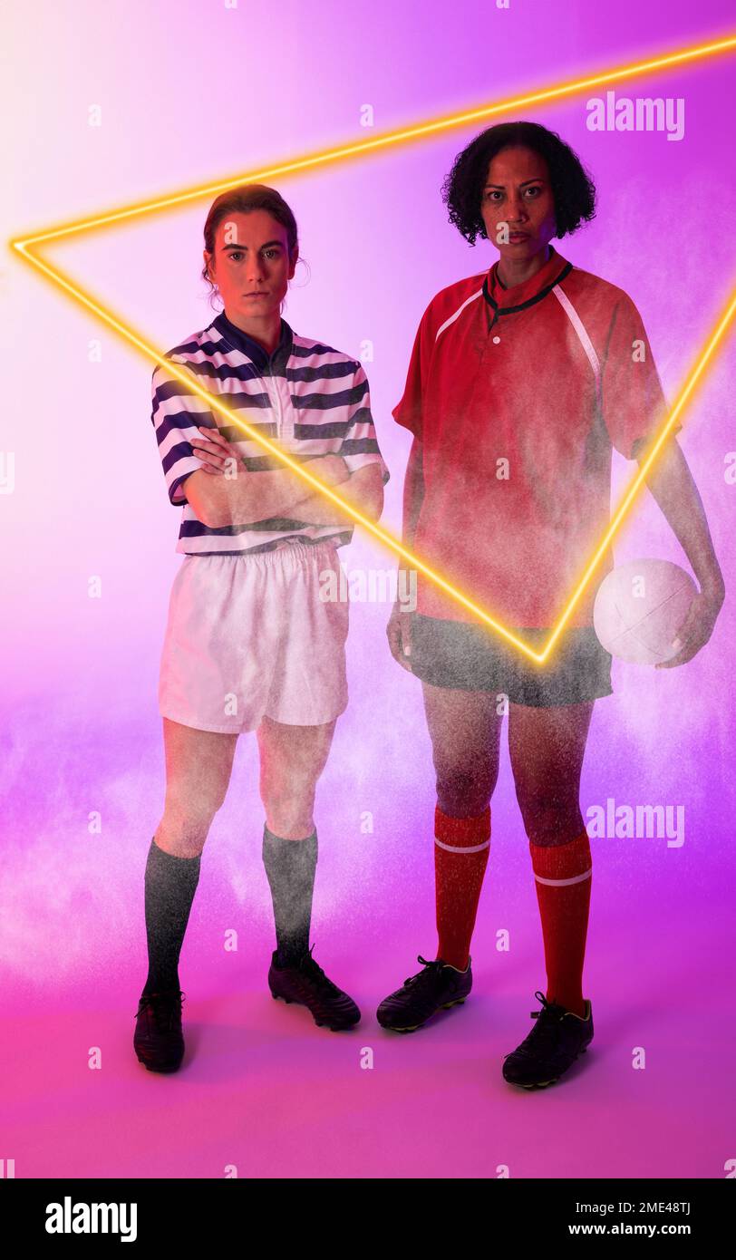 Illuminated triangle over multiracial female rugby players with ball ...