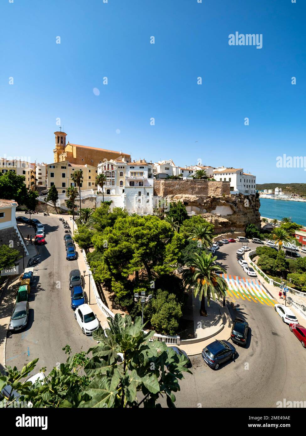 Spain, Balearic Islands, Mahon, Winding street seen from Parc Rochina ...