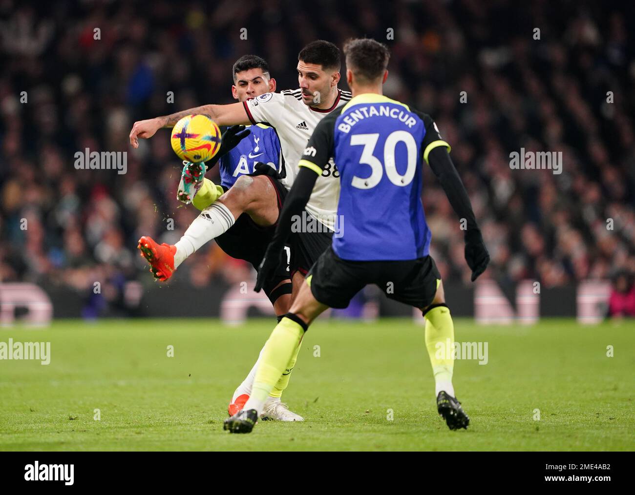 Fulham's Aleksandar Mitrovic controls the ball during the Premier ...