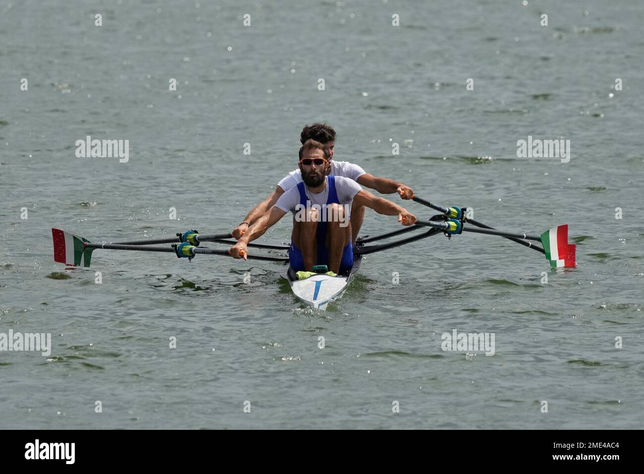 Stefano Oppo, and Pietro Ruta of Italy train during a rowing training session at the 2020 Summer ...