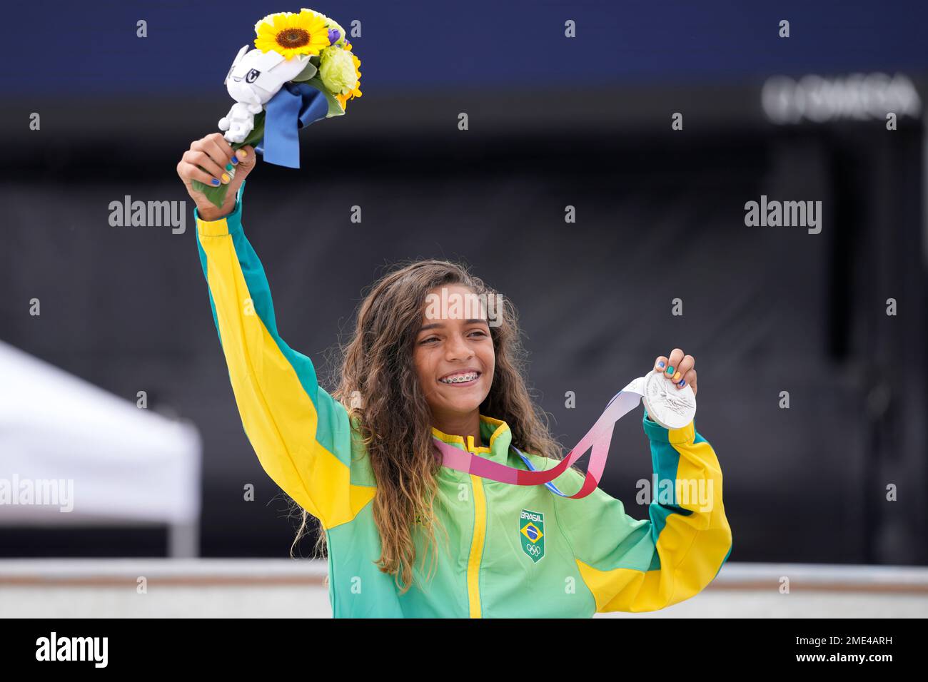 Silver medal winner Rayssa Leal of Brazil holds her medal after the ...