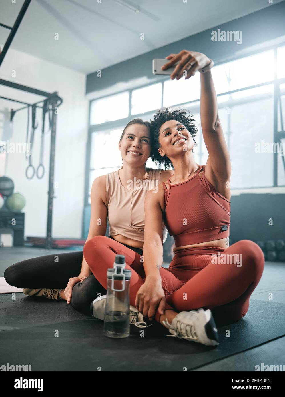 Friends, selfie and fitness with women in gym for workout, social media ...