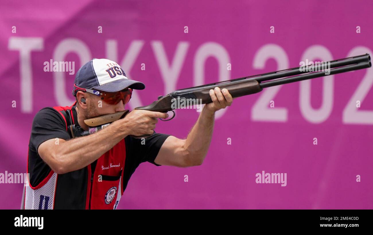 Vincent Hancock, of the United States, competes in the men's skeet at ...
