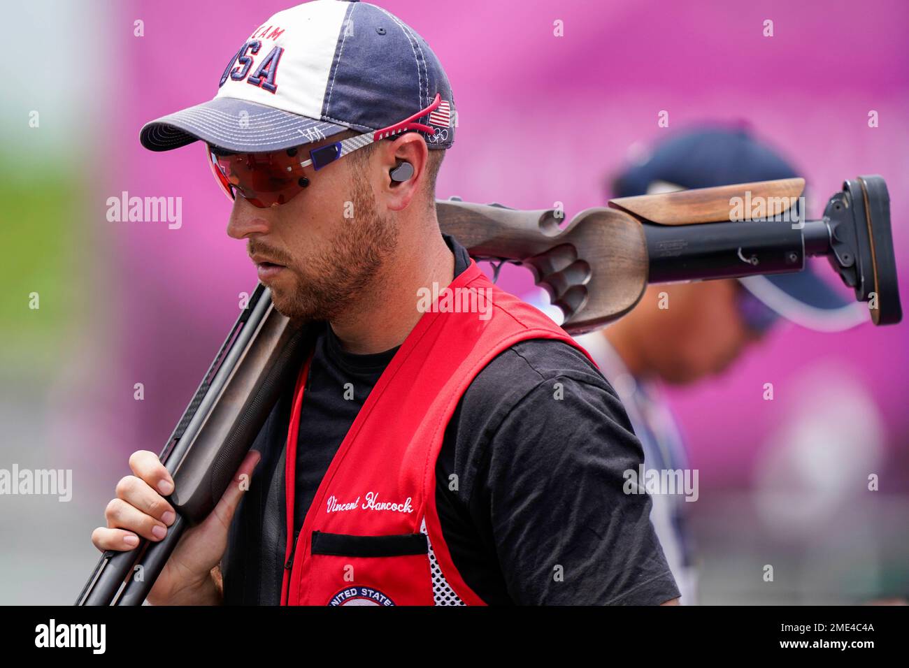 Vincent Hancock, of the United States, competes in the men's skeet at ...