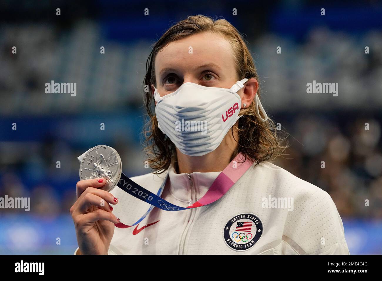 Katie Ledecky, of the United States, poses with the silver medal after ...