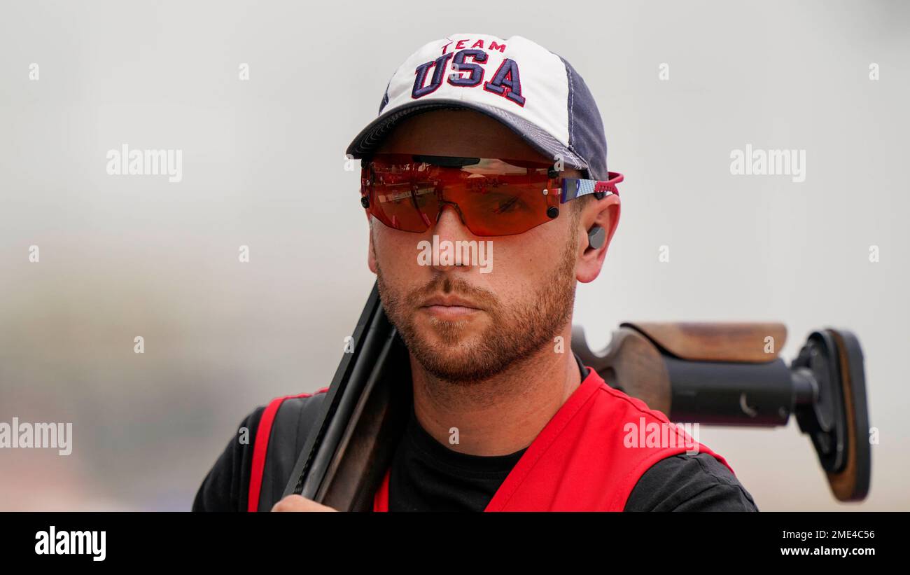 Vincent Hancock, of the United States, competes in the men's skeet at ...