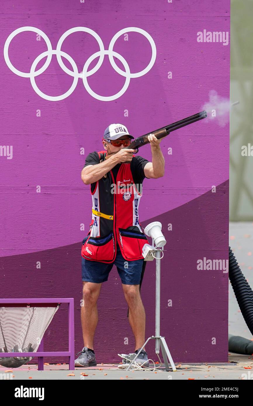 Vincent Hancock, of the United States, competes in the men's skeet at ...