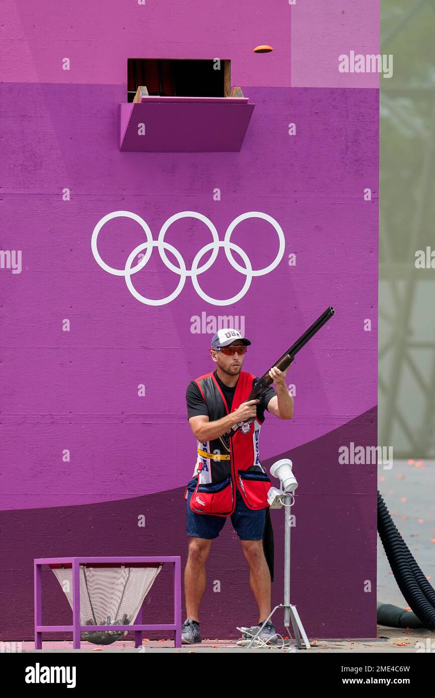 Vincent Hancock, of the United States, competes in the men's skeet at ...
