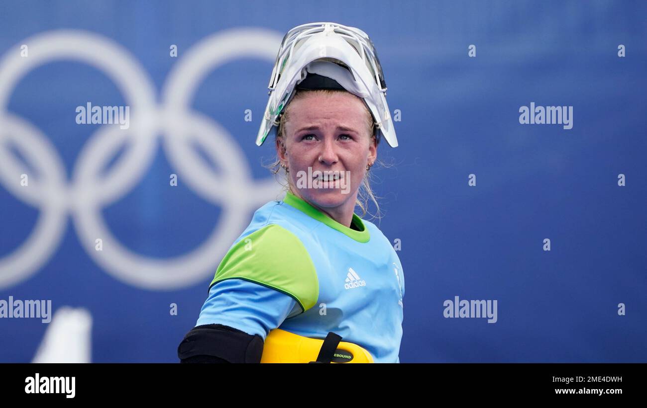 Ireland goalkeeper Ayeisha McFerran waits for play to resume during a ...