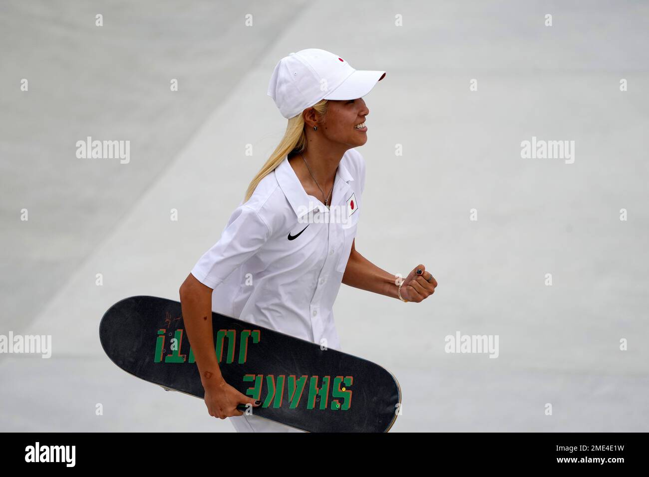 Aori Nishimura of Japan celebrates her heat in the women's street ...