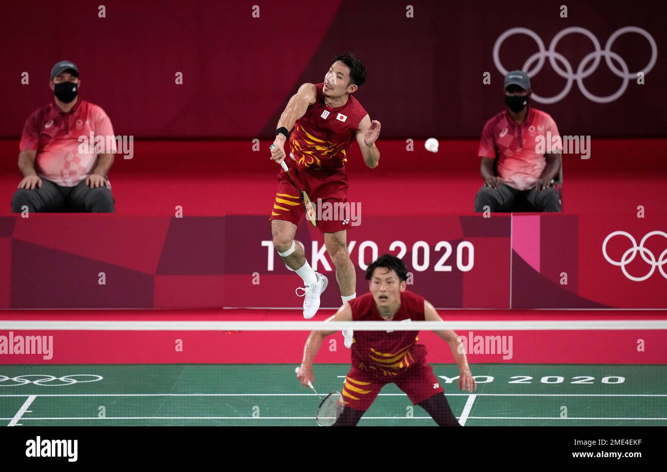 Japan's Takeshi Kamura and Keigo Sonoda play against the United States ...