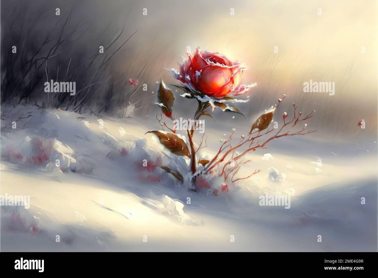a classic inspired drawing of a rose in winter, full of snow Stock ...