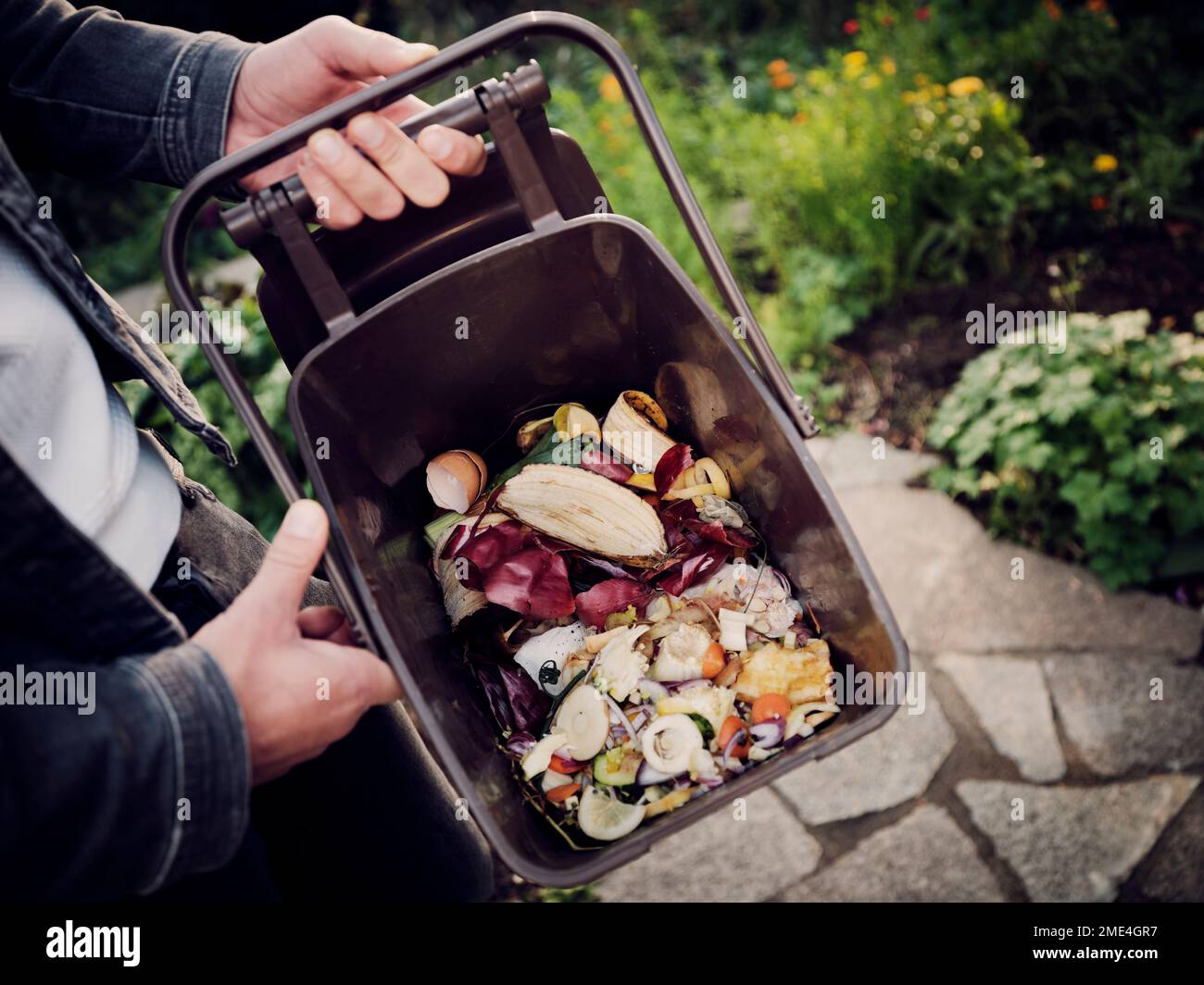 Man holding compost bucket, close up Stock Photo - Alamy
