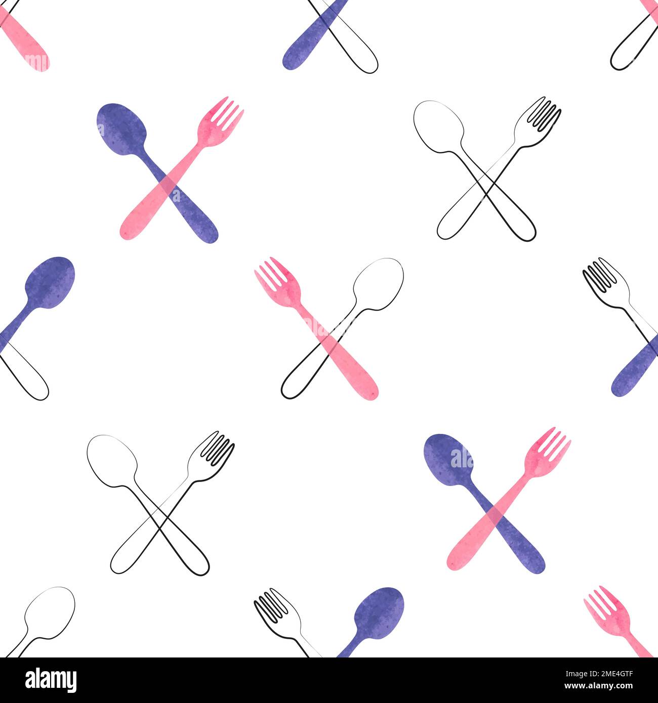 Watercolor cutlery seamless pattern in pink and purple colors. Vector background with spoons and ...