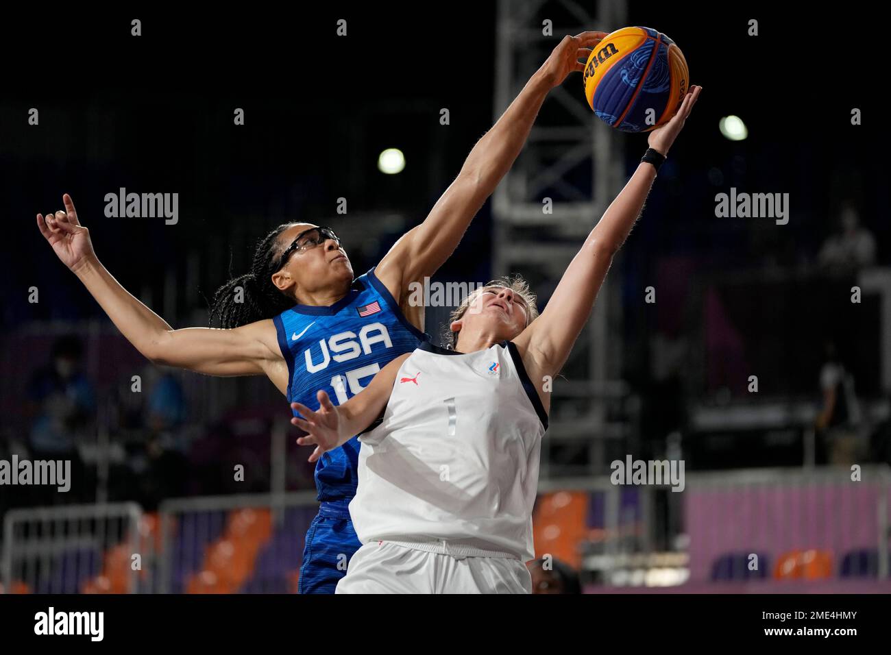 United States' Allisha Gray blocks a shot by Yulia Kozik (1), of the ...