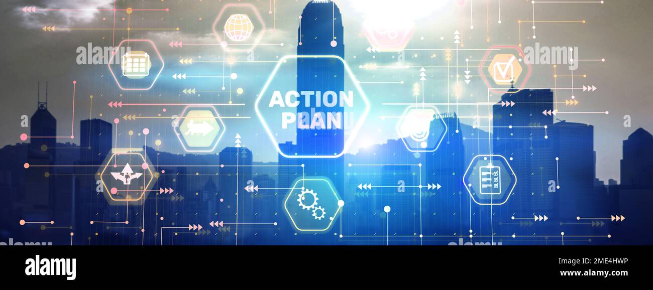 Action plan on city background. Algorithm and strategy development ...