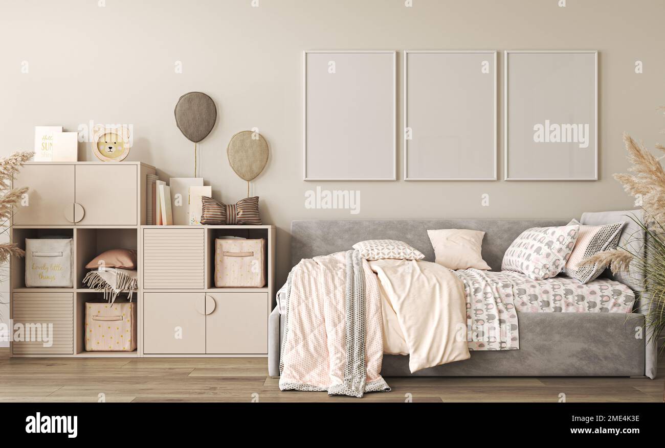 Empty white wall in modern children room with bed and toys. Mock up ...