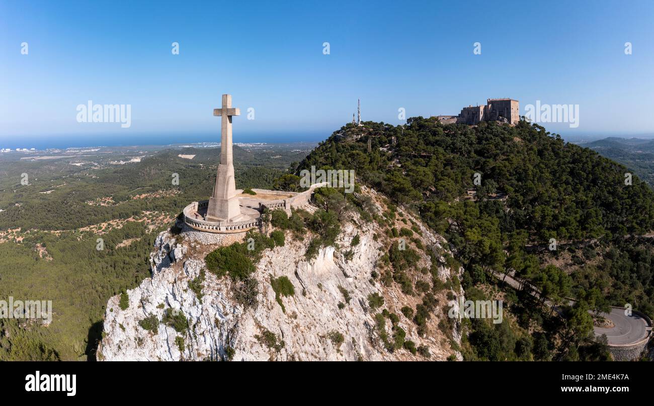Spain, Balearic Islands, Aerial view of summit cross on Puig de Sant ...