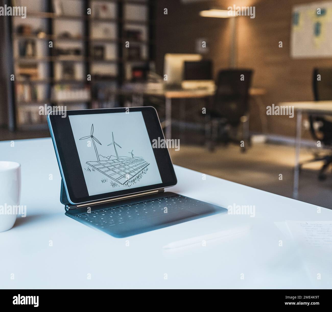 Tablet PC with design of solar panels and wind turbines Stock Photo - Alamy