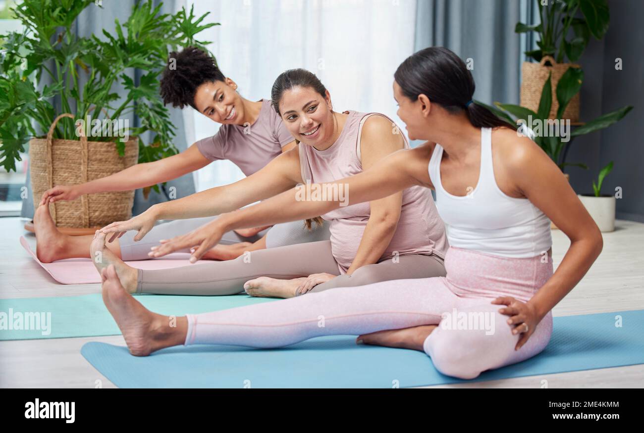 Yoga pose, pregnant and woman stretch on floor for wellness, exercise ...