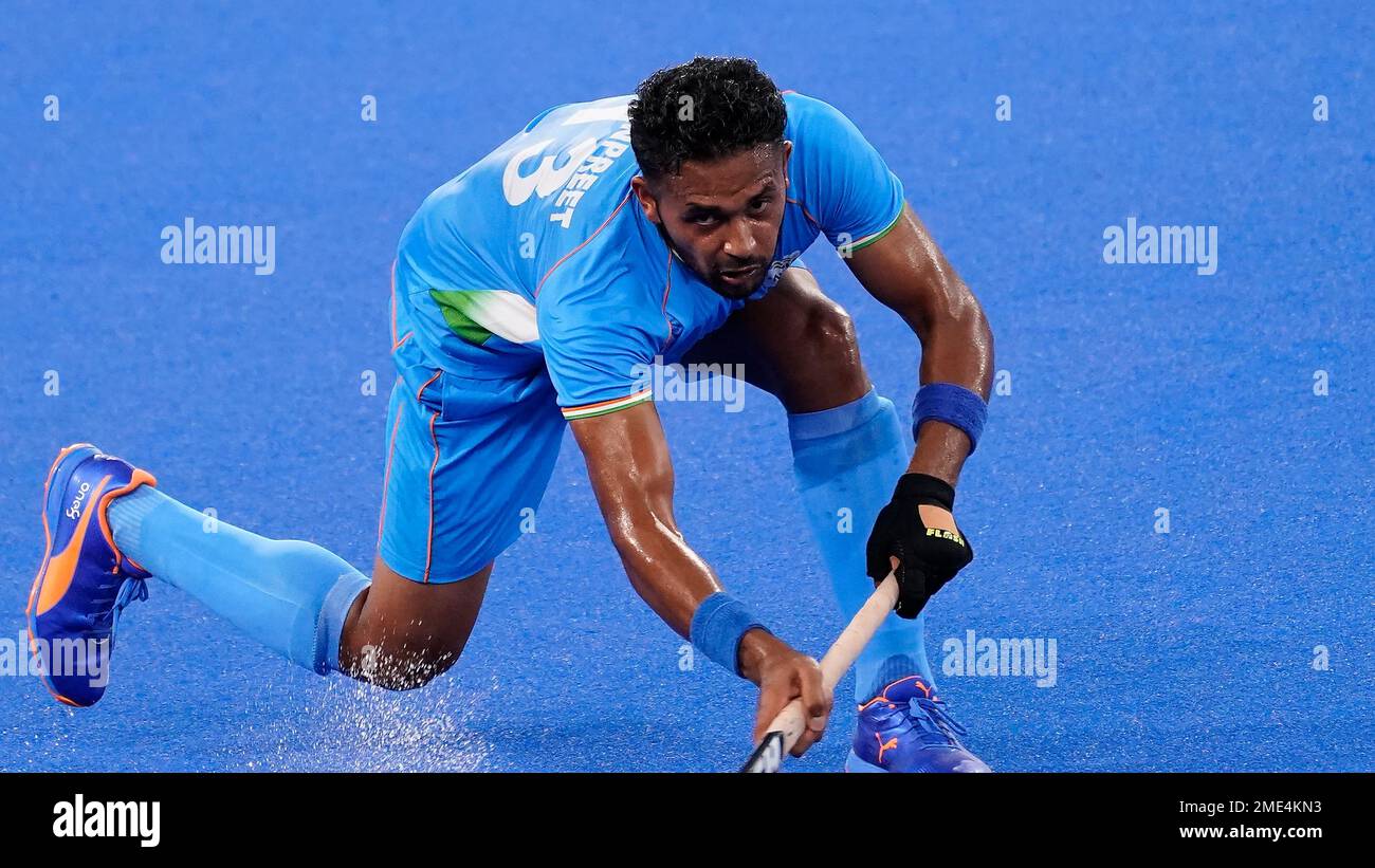 India's Harmanpreet Singh passes the ball during a men's field hockey ...