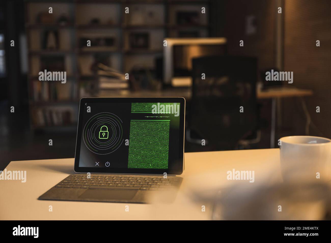 Tablet PC with security system and data on screen in office Stock Photo ...