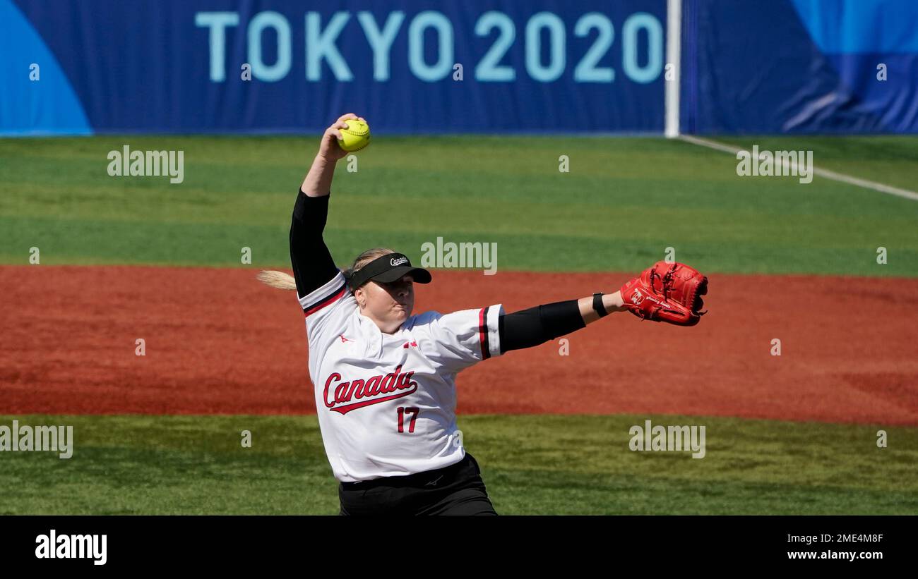 Canada's Sara Groenewegen pitches in the first inning against Japan in ...