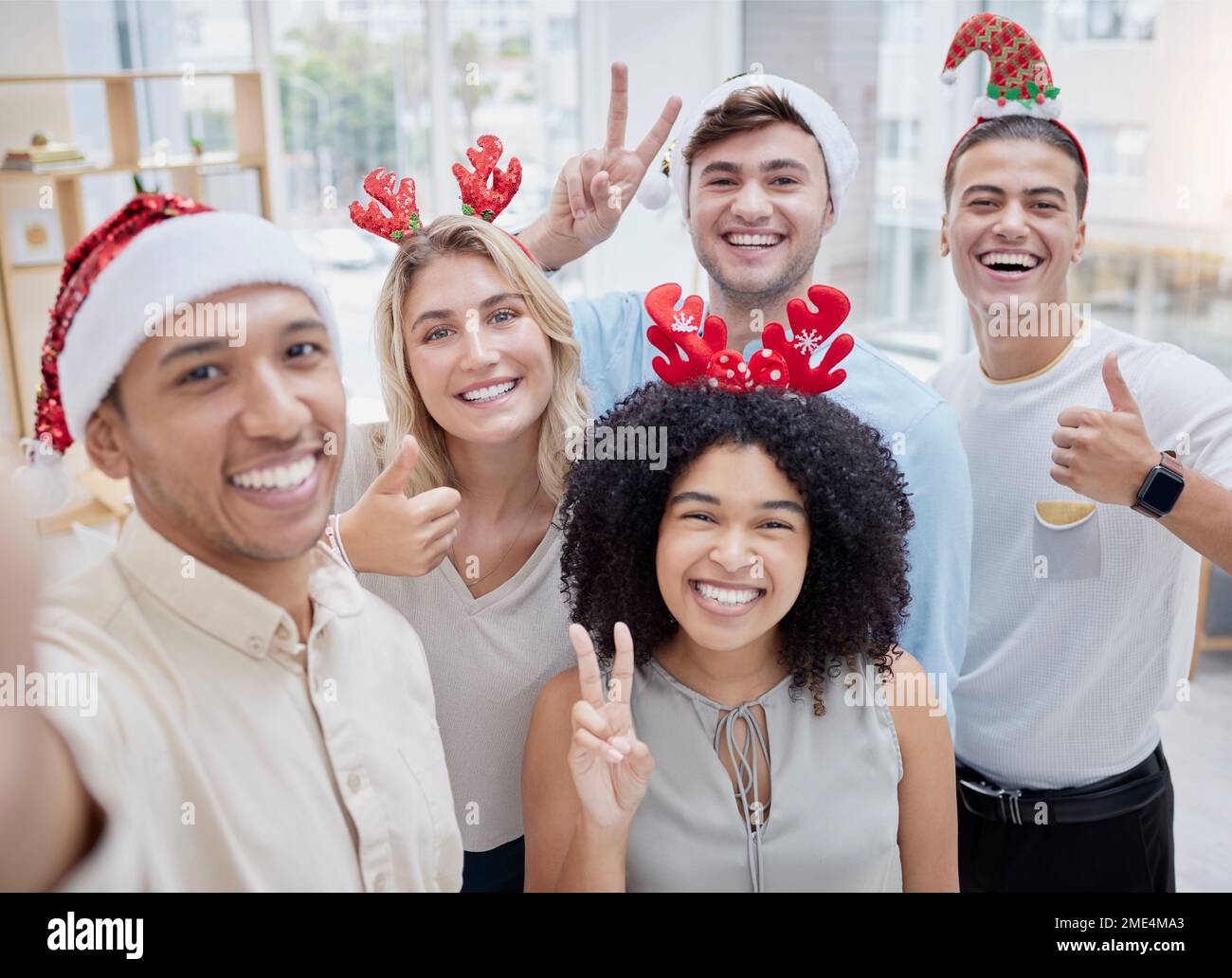 Christmas party, selfie and business people with hand gesture taking ...