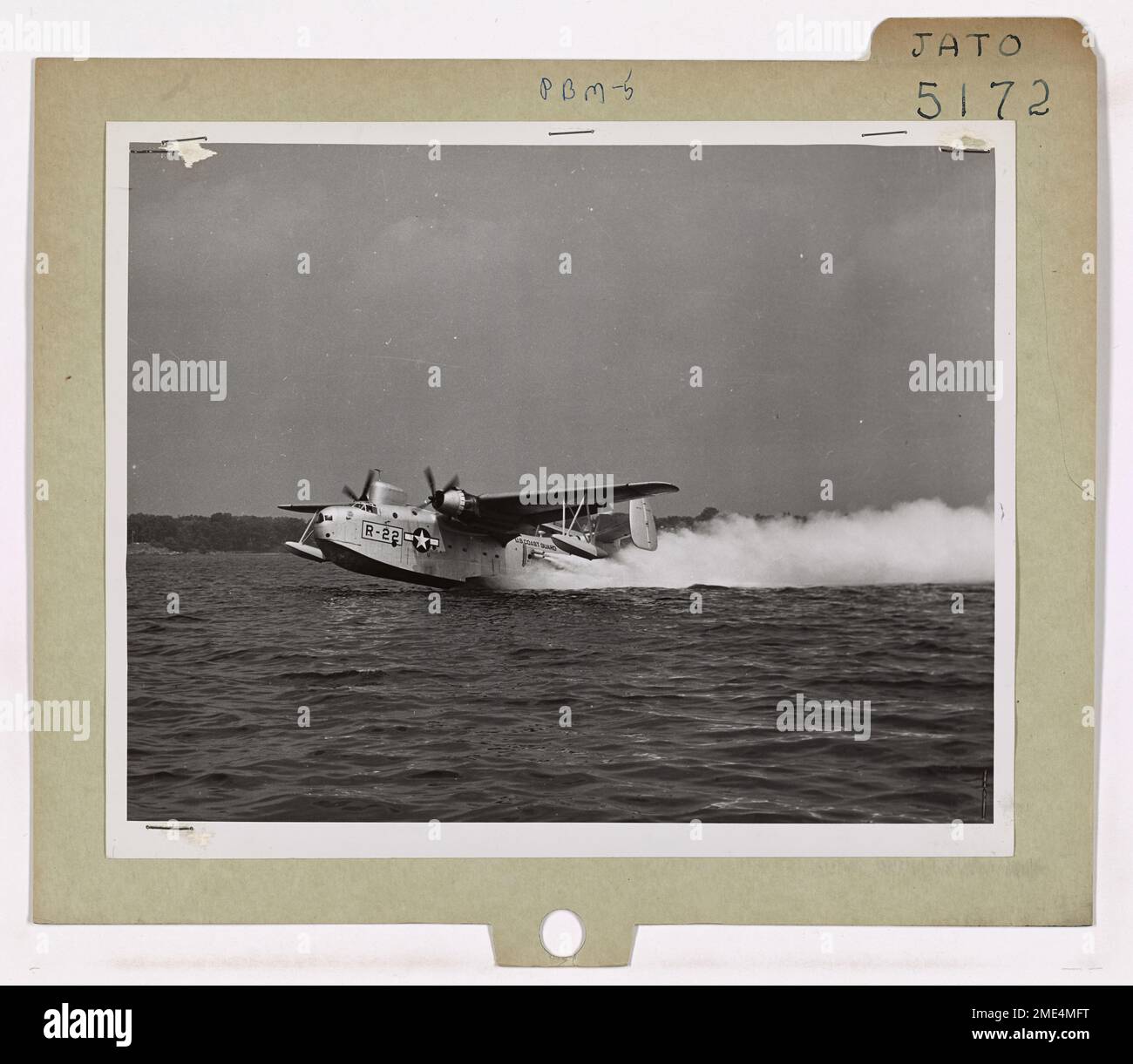 A Coast Guard PBM-5 plane uses jet assistance for a short takeoff at ...