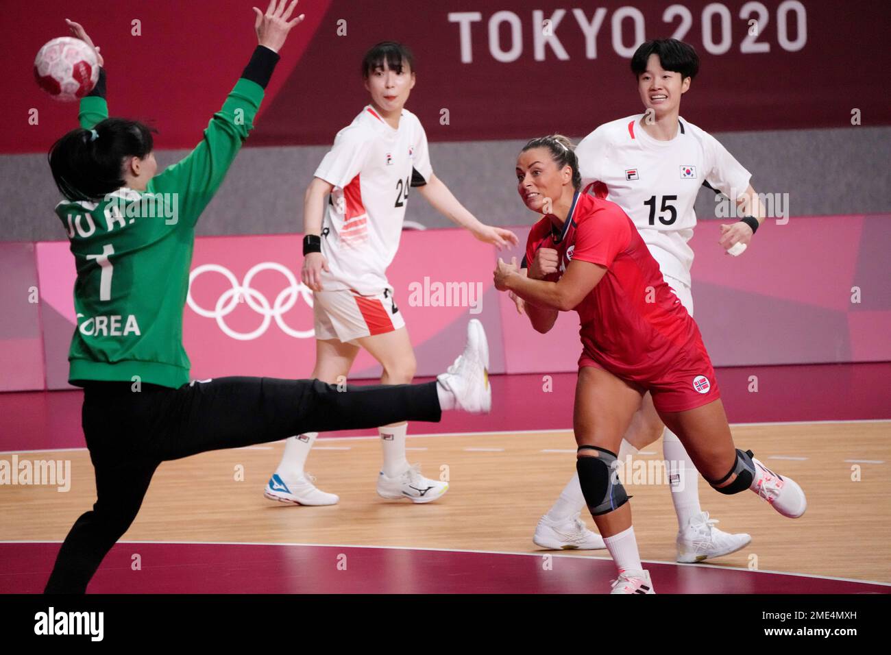 Norway's Nora Moerk, center right, tries to score past South Korea's ...