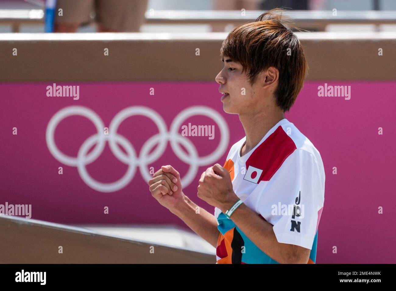 Yuto Horigome of Japan celebrates after performing a trick in the men's ...