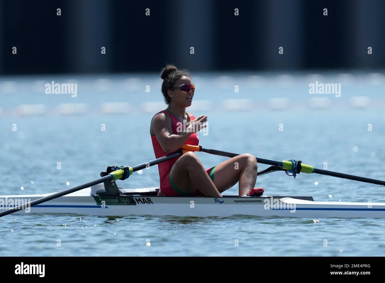 Sarah Fraincart of Morocco reacts after competing in the women's single ...