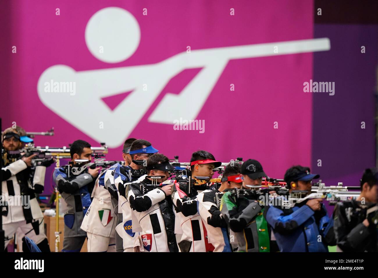 Athletes compete in the men's 10-meter air rifle at the Asaka Shooting ...