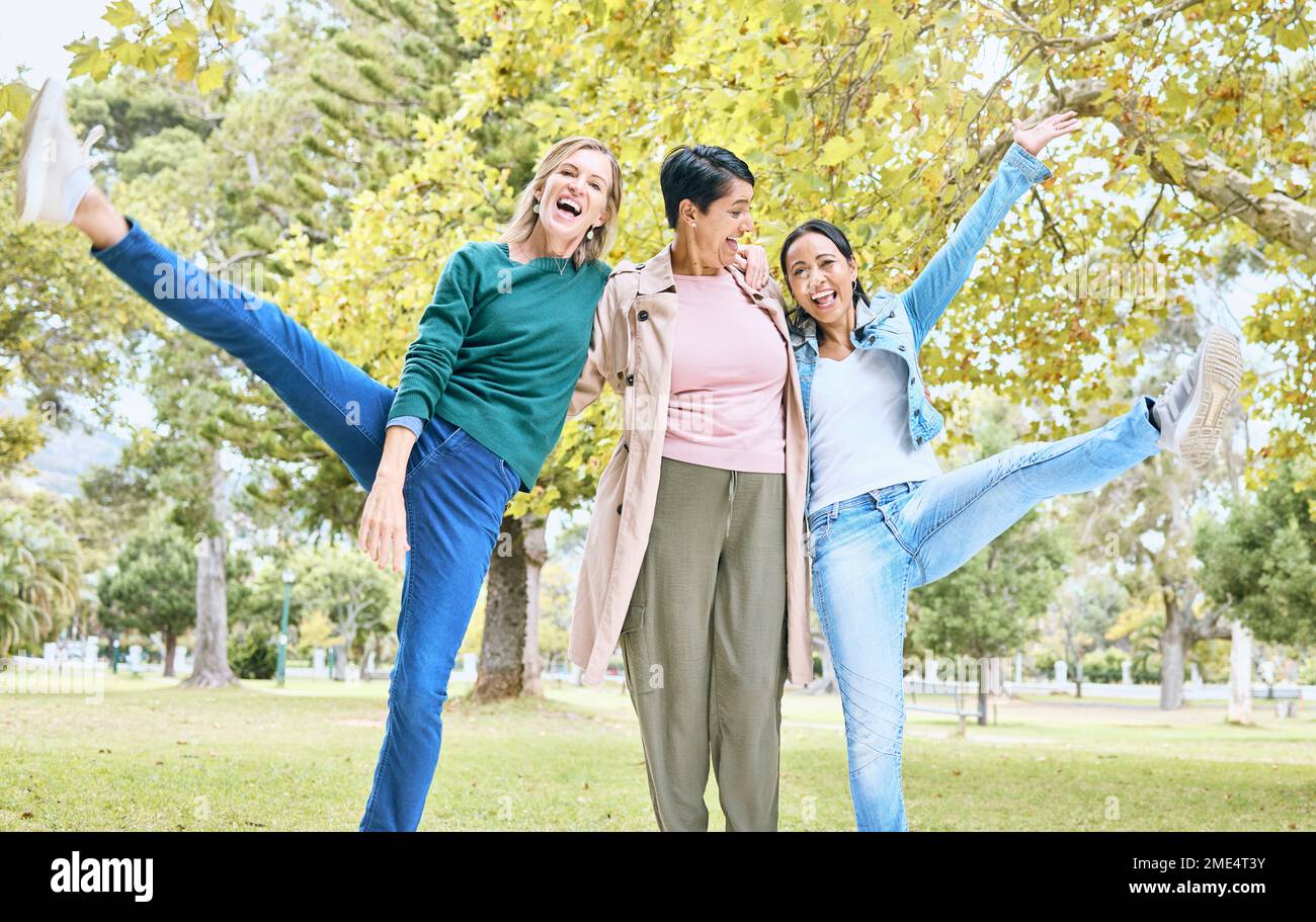 Senior, women and portrait of funny people or friends bonding in ...