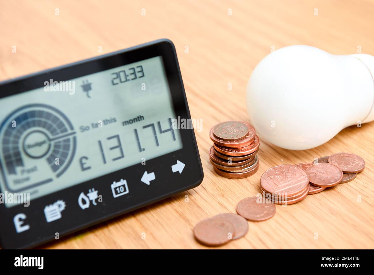 Smart meter and coins to represent cost of fuel and electricity for ...