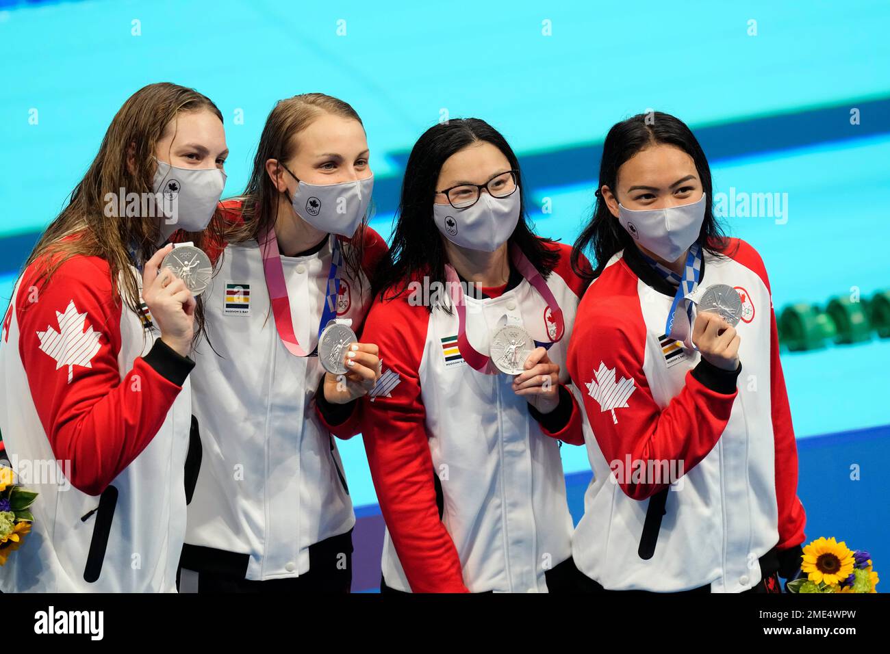 Silver medalists Canada's women's 4x100 freestyle relay team Kayla ...