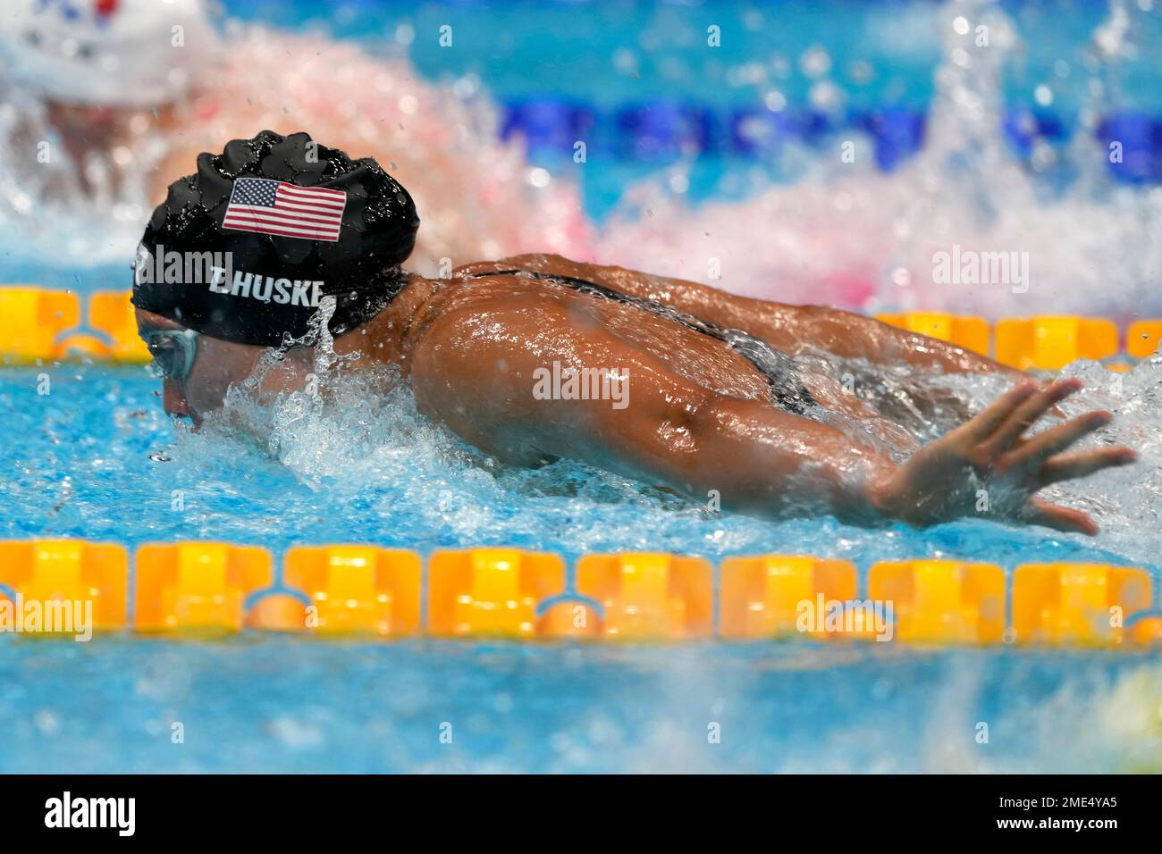 Torri Huske, of the United States, swims during a semifinal in the ...