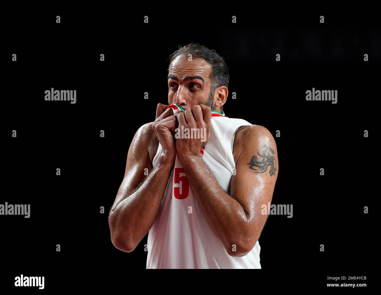 Iran's Hamed Haddadi reacts during men's basketball game between Czech ...
