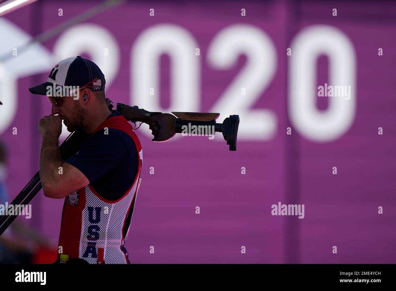 Vincent Hancock, of the United States, competes in the men's skeet at ...