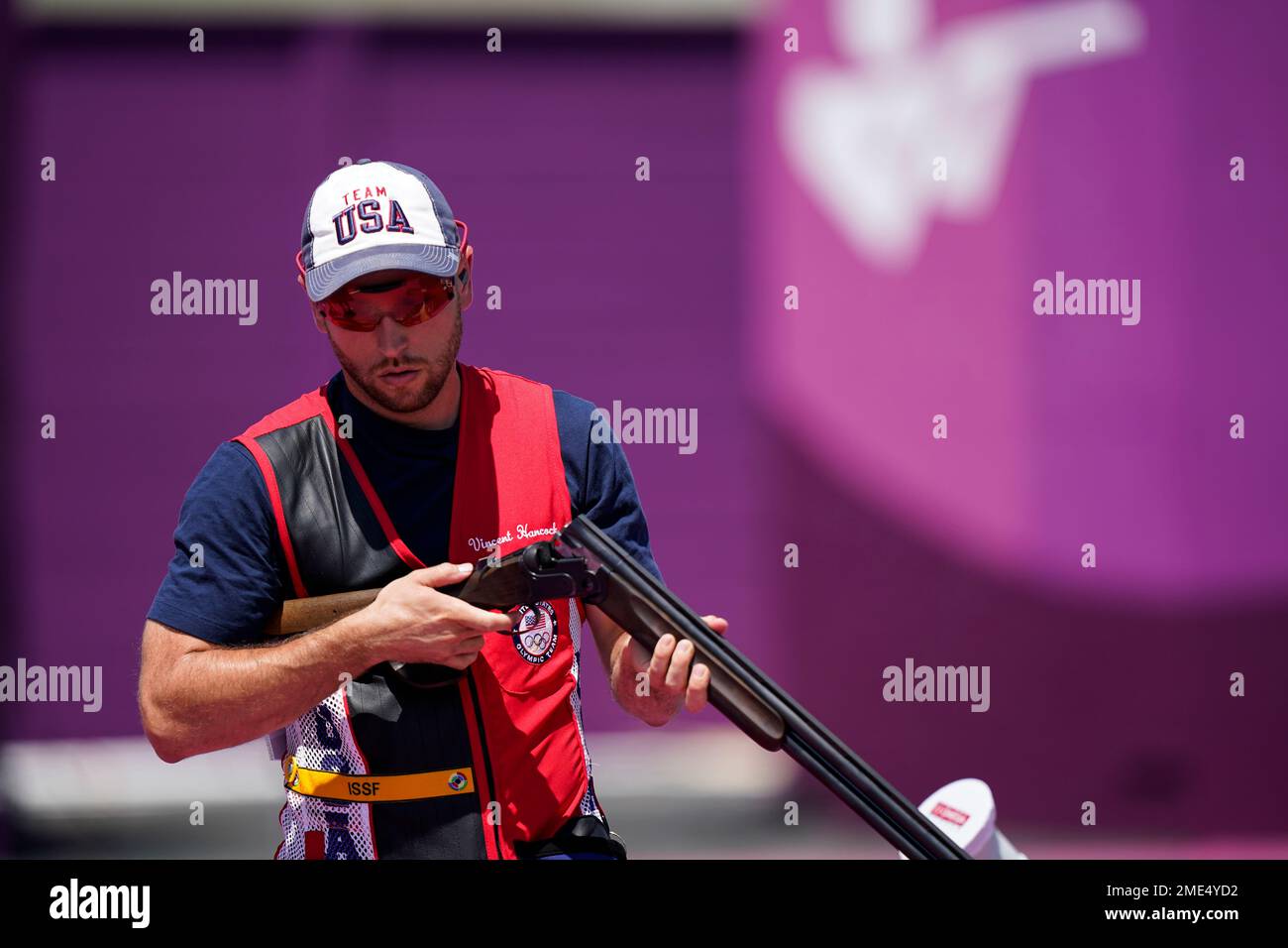 Vincent Hancock, of the United States, competes in the men's skeet at ...