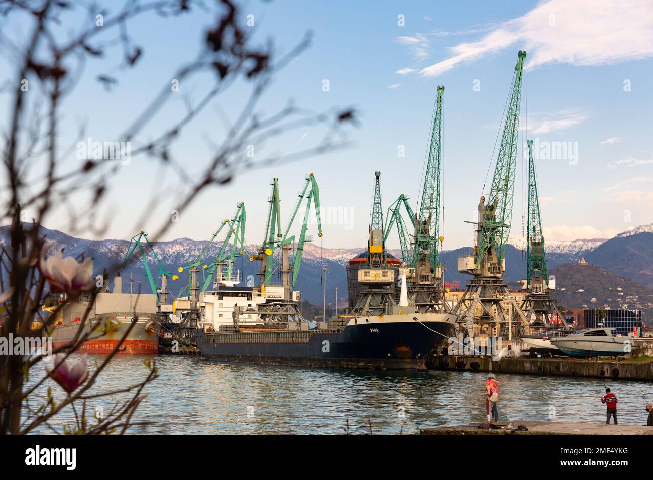 Berthing line of Batumi Sea trade Port with cargo cranes Stock Photo ...